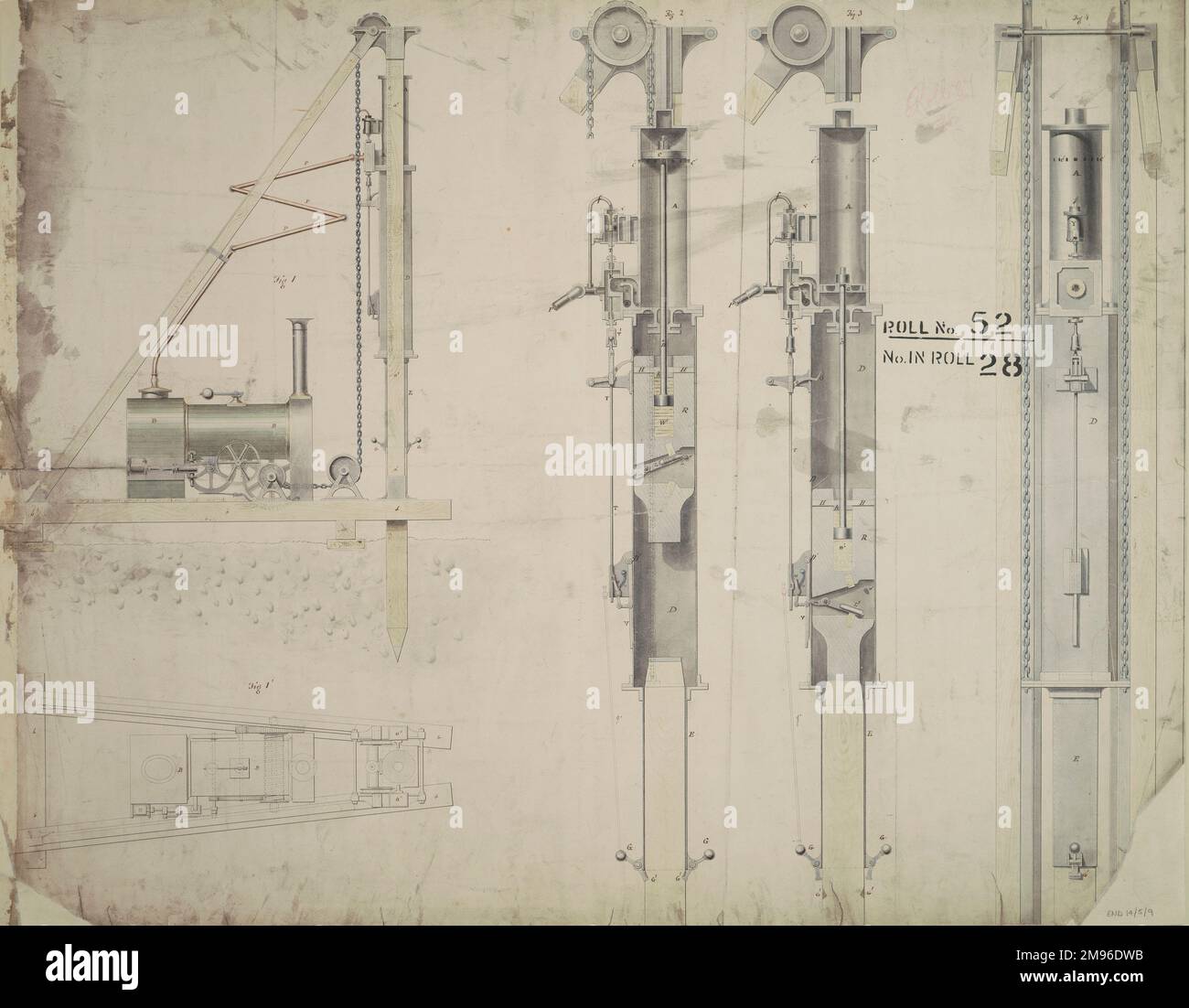 Untitled, steam pile driving machinery, plan, elevation and sections ...