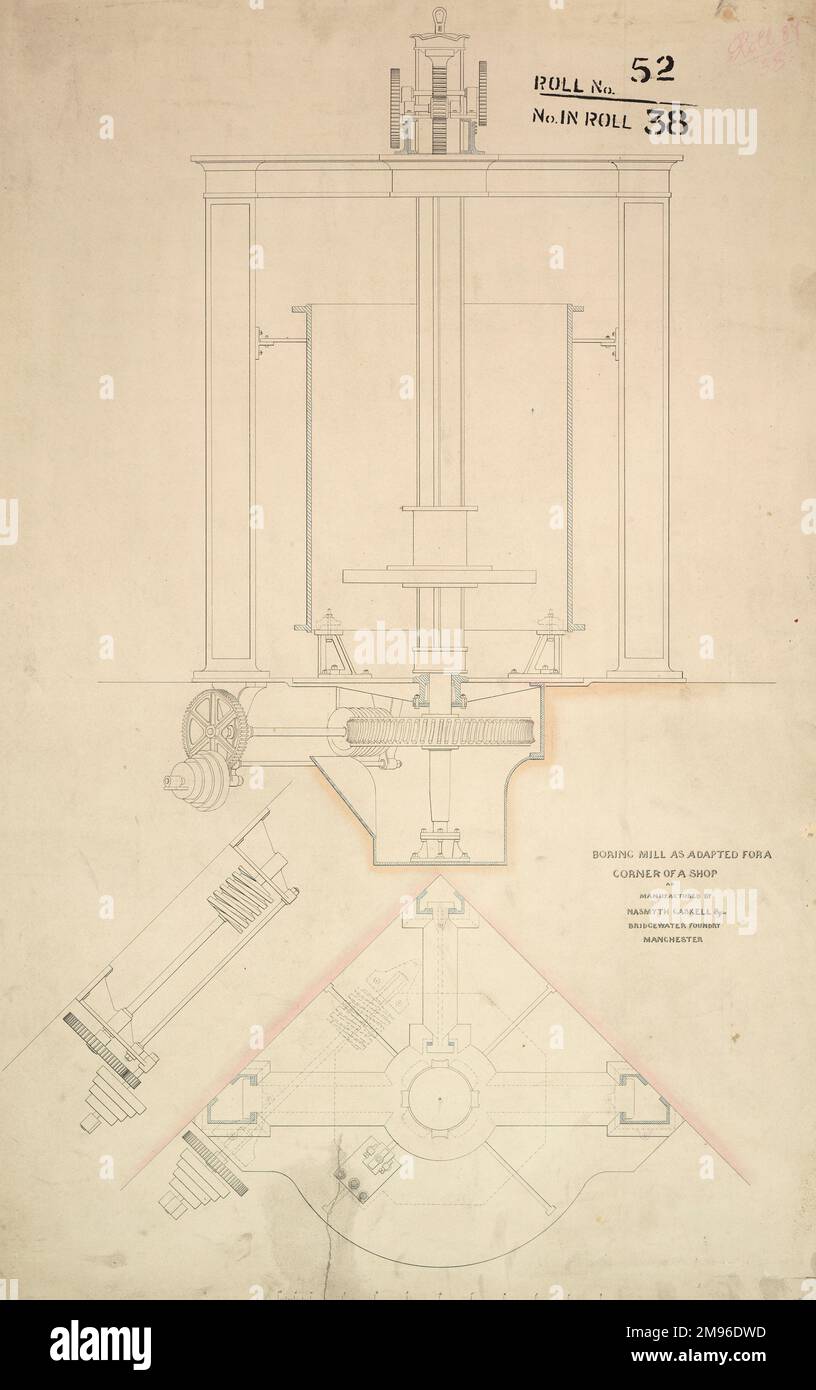 Boring mill as adapted for a corner of a shop, plan, side elevation and ...