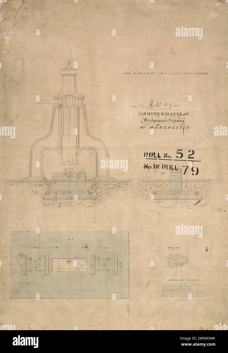 Anvil and base plate for a 25 cwt steam hammer, plan, front elevation ...