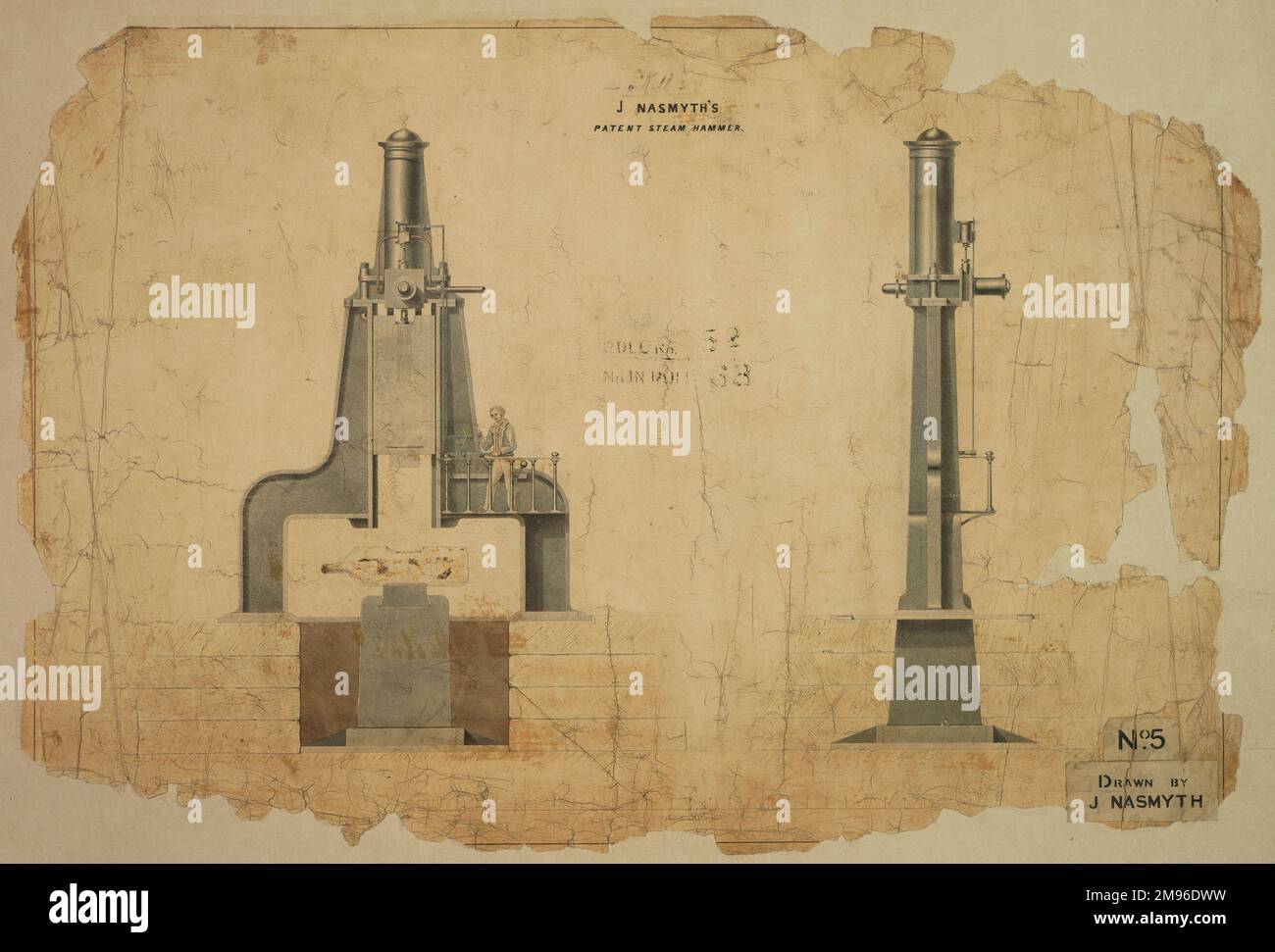 J Nasmyth's patent steam hammer, front and side elevations Stock Photo ...