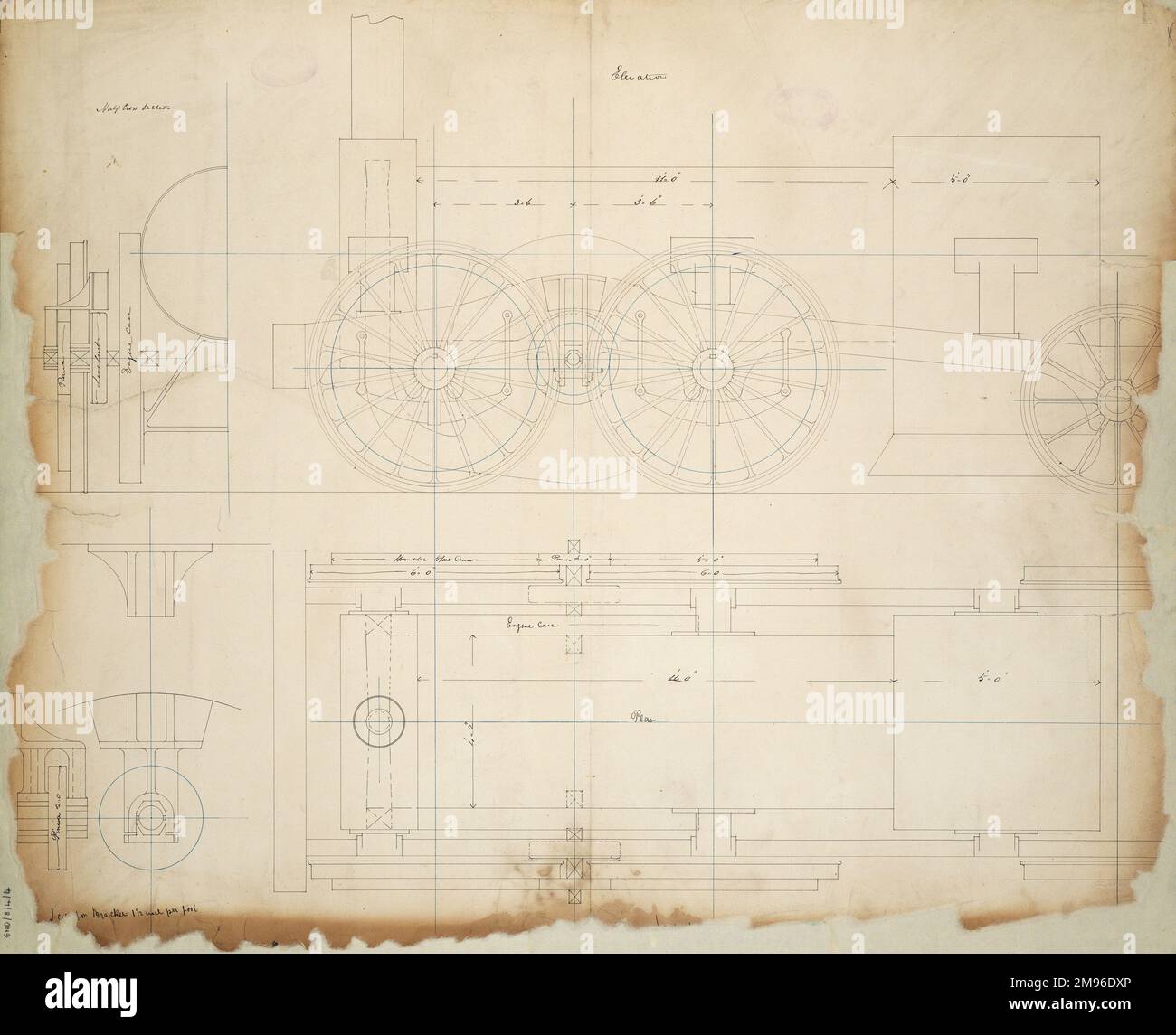 Steam turbine locomotive engine, plan, side elevation, half cross ...