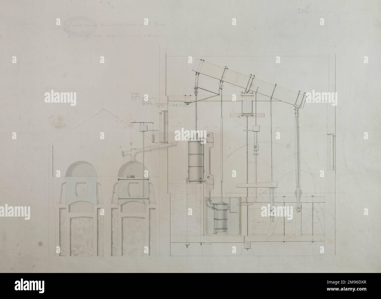 General view of engine and cross sections of the boilers, Regulator ...