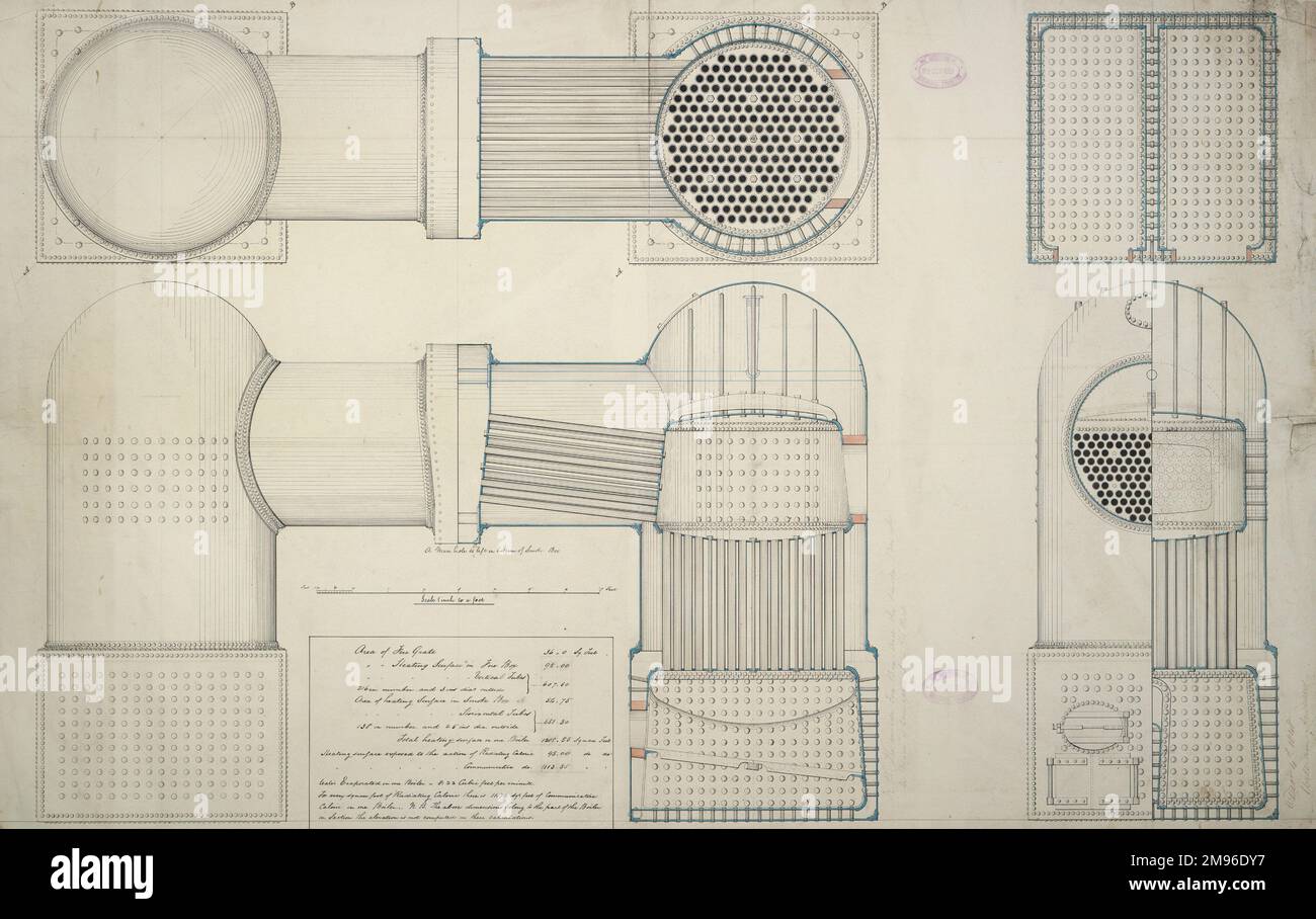 Boiler, 500hp boiler, side and front elevations with sections, 4 ...