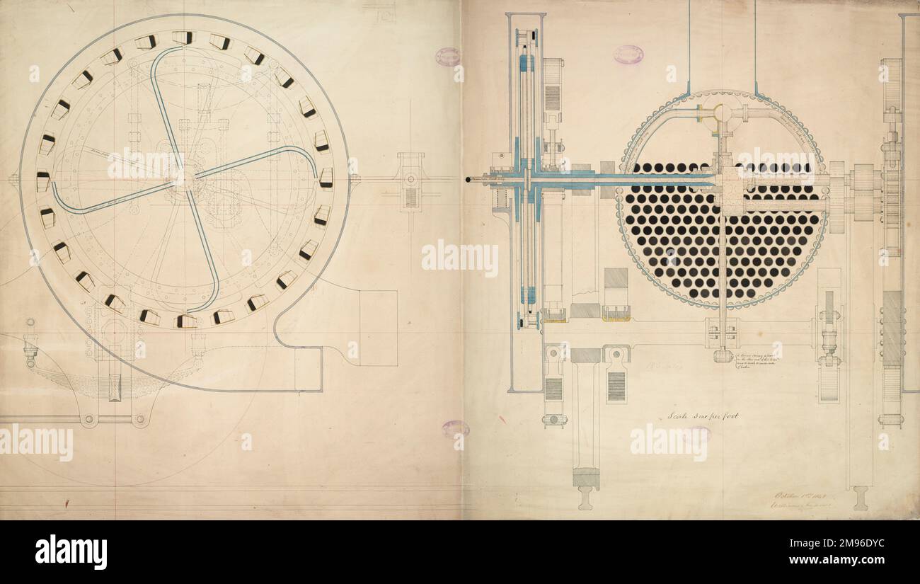 Detail of a steam turbine locomotive, turbine arrangement section and ...