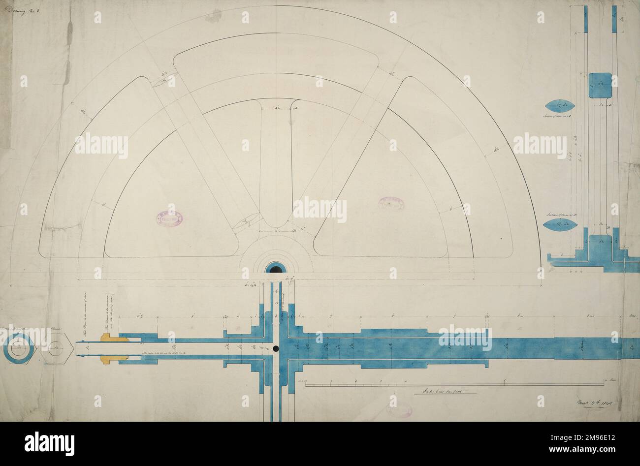Centrifugal engine, 'drwaing no 3', wheel elevation and sections 5 ...