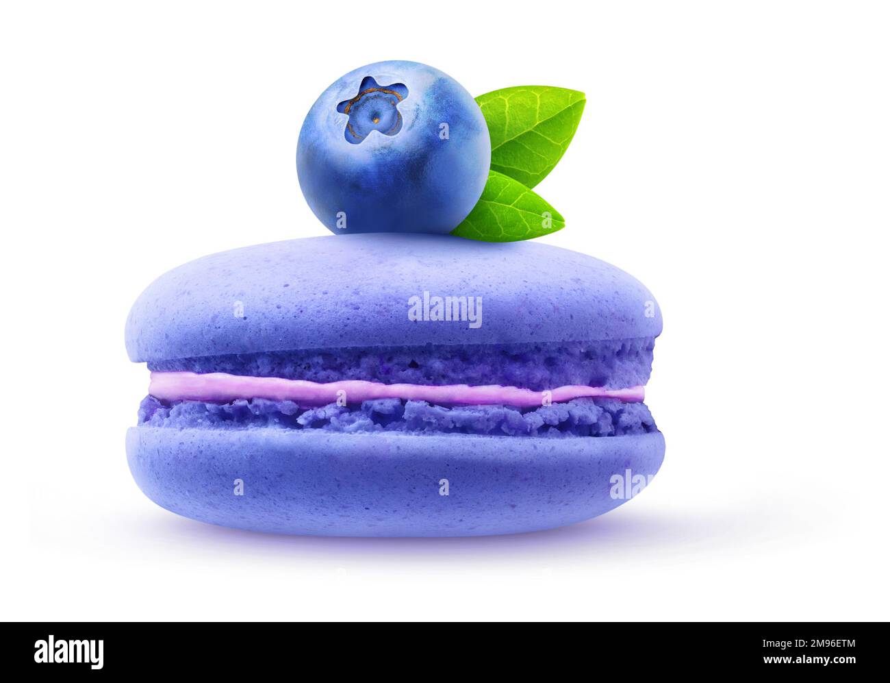 One blueberry macaroon with pink creme and fruit on top isolated on ...
