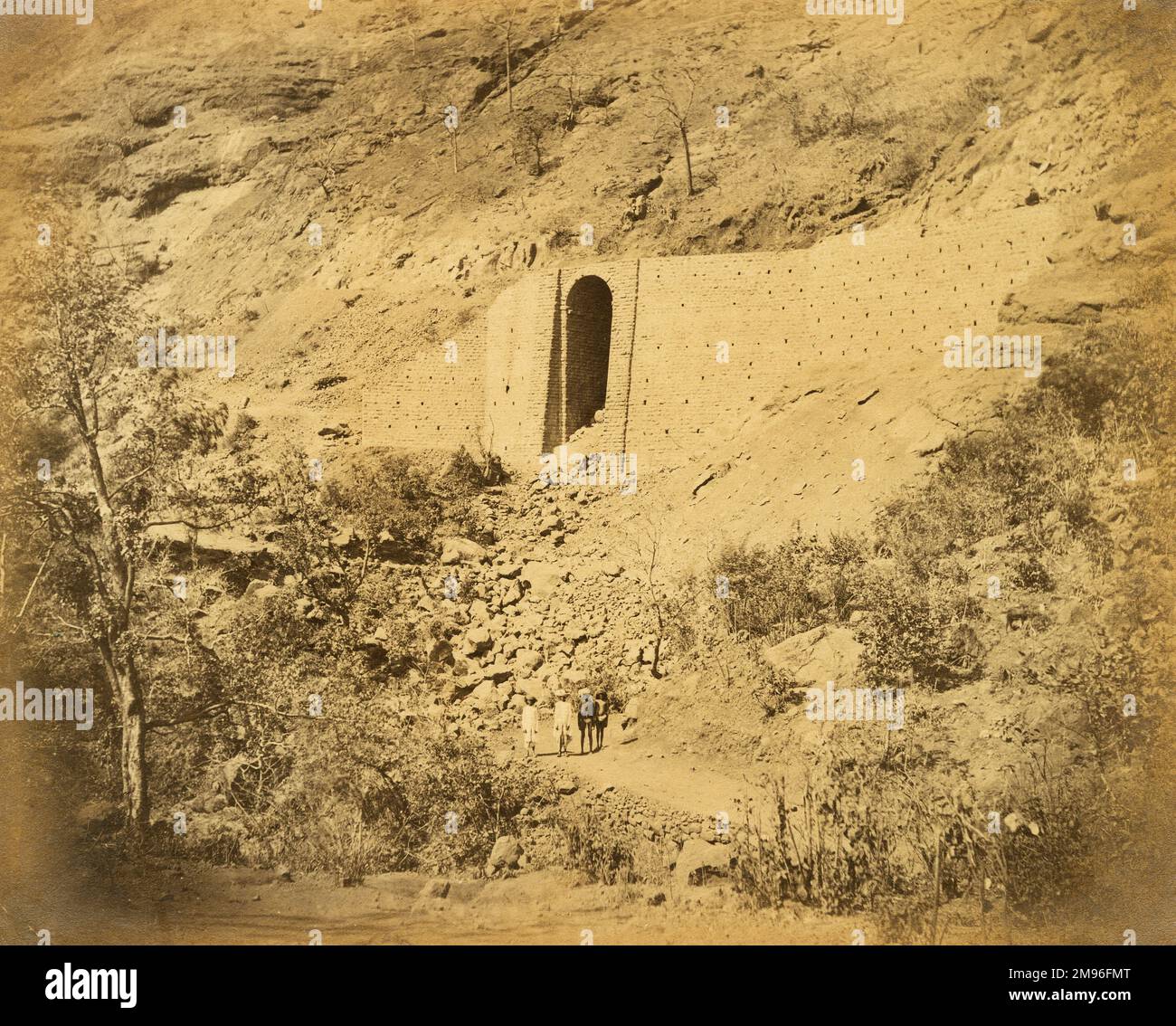 Bridge and retaining wall on rock escarpment; at 8 3/4 miles Stock ...