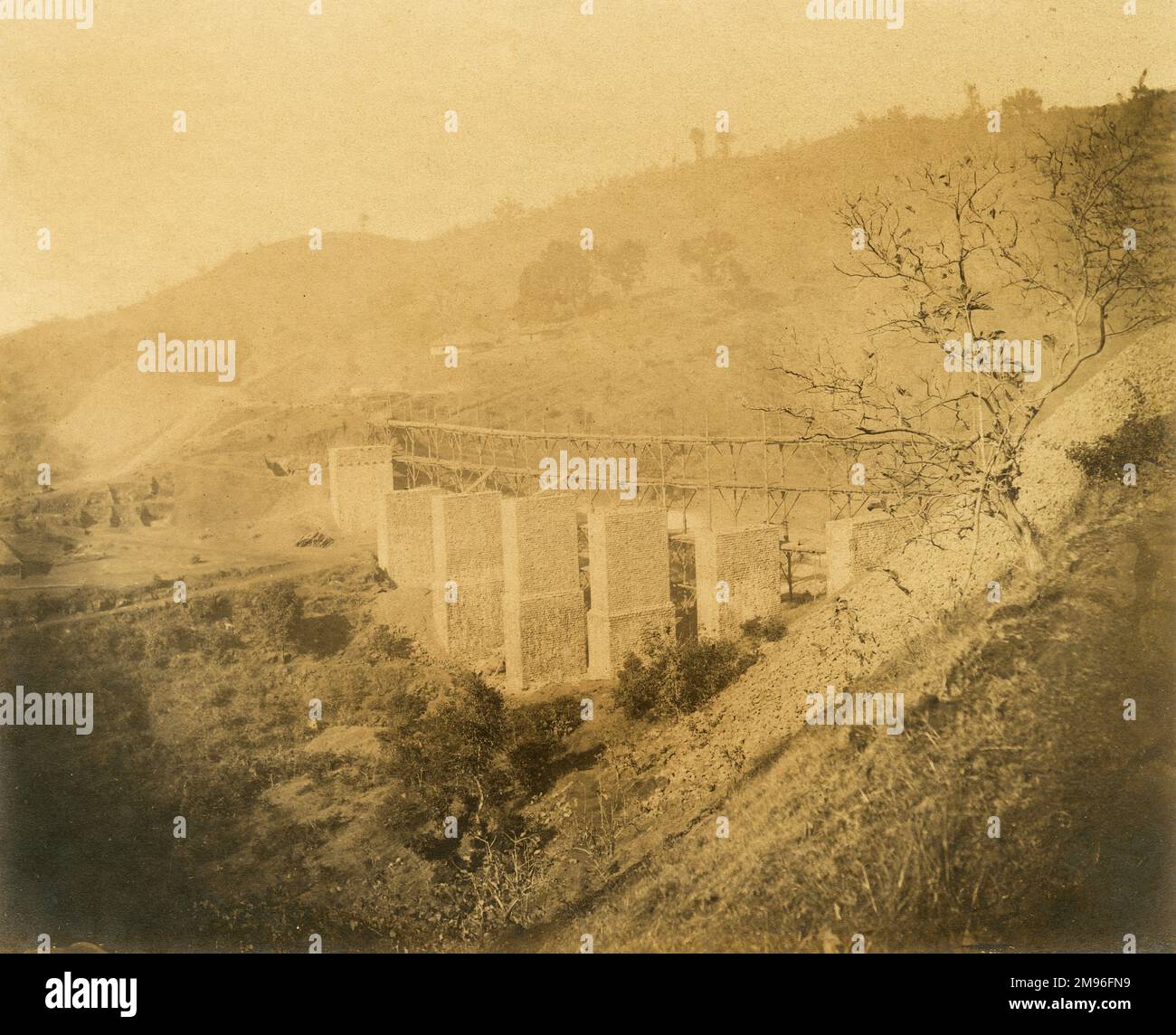 Viaduct 150 ft high, in a ravine of Soangiri Hill at 3 1/4 miles Stock ...