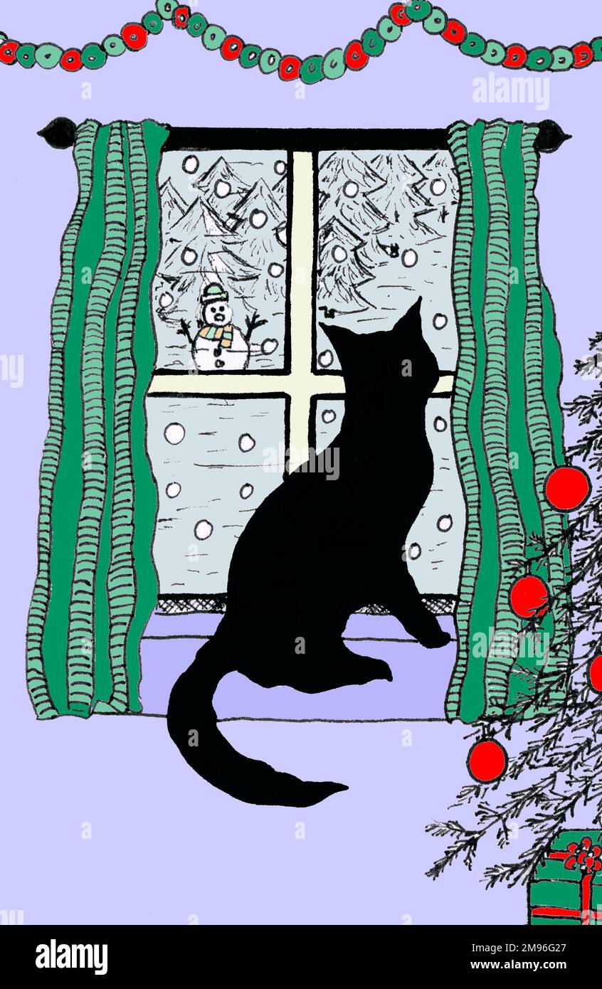 A cat perches by a window, watching the wintry scene outside Stock ...