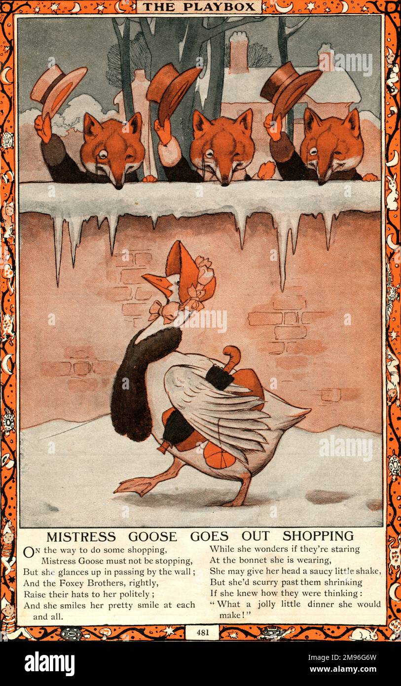 Three foxes politely raise their hats to Mistress Goose as she ventures ...