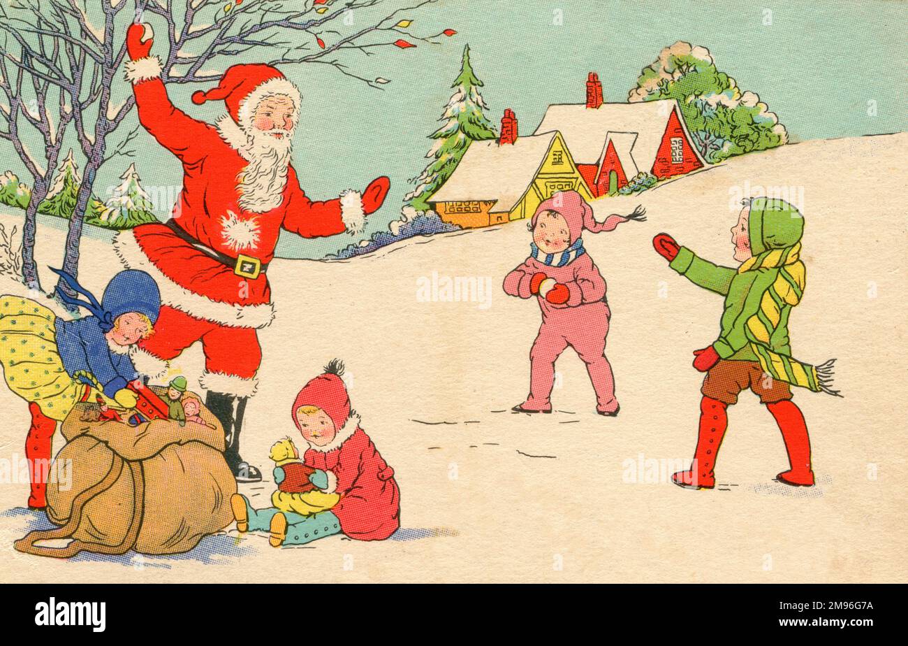 Father Christmas has snowball fight with two children, while two other ...