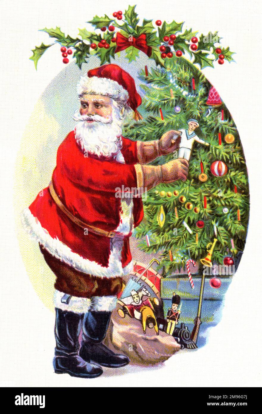 A festive scene showing father Christmas distributing gifts on and ...