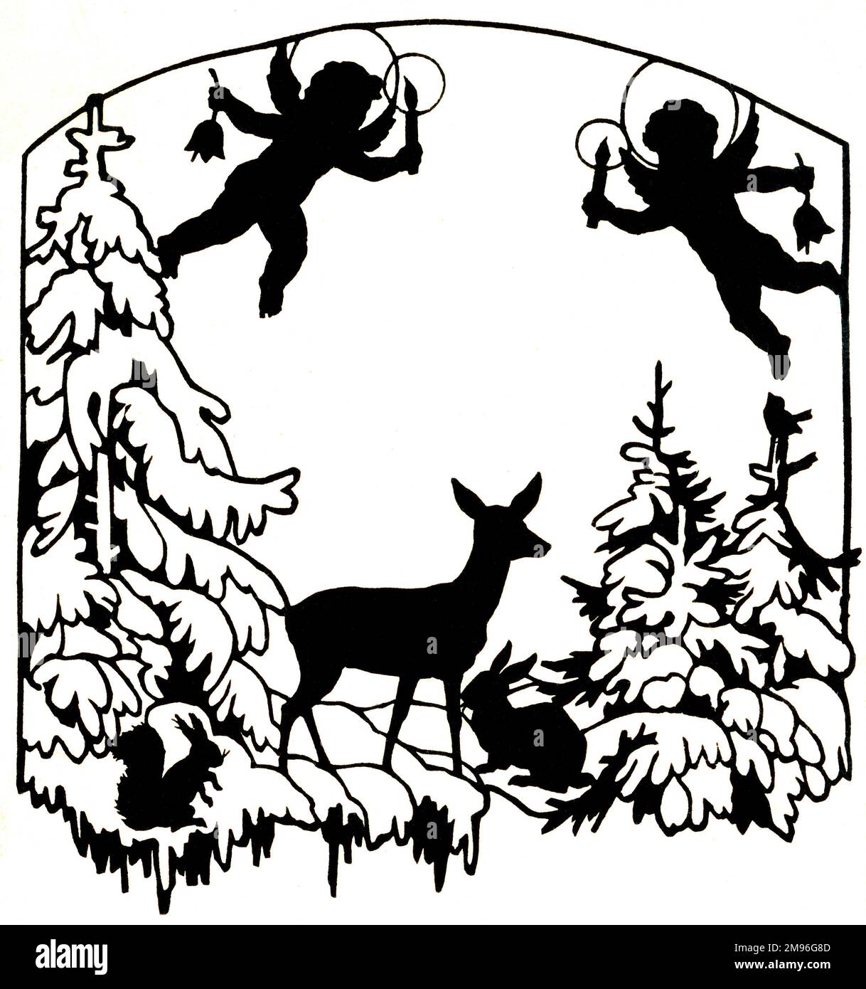 Two angels carrying candles and bells, hovering over the snowy ...