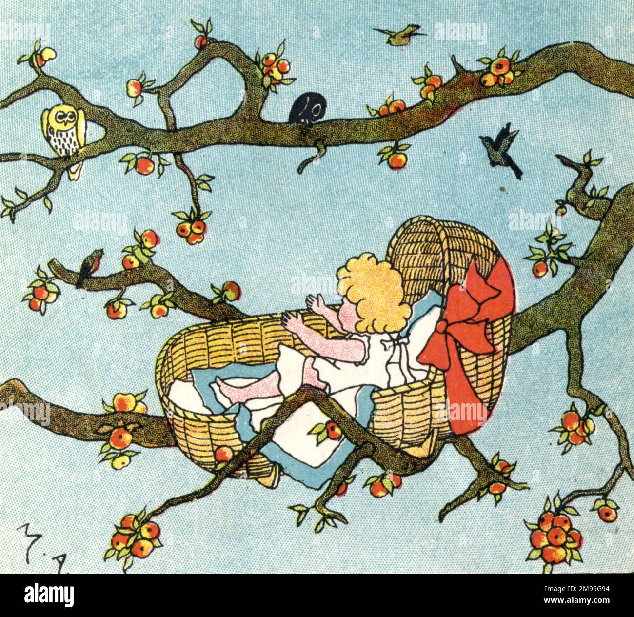 A baby in a basket, up high in the branches of an apple tree Stock ...