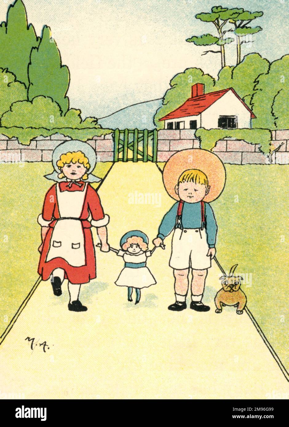 A mother and father wander along a path by their house holding the ...