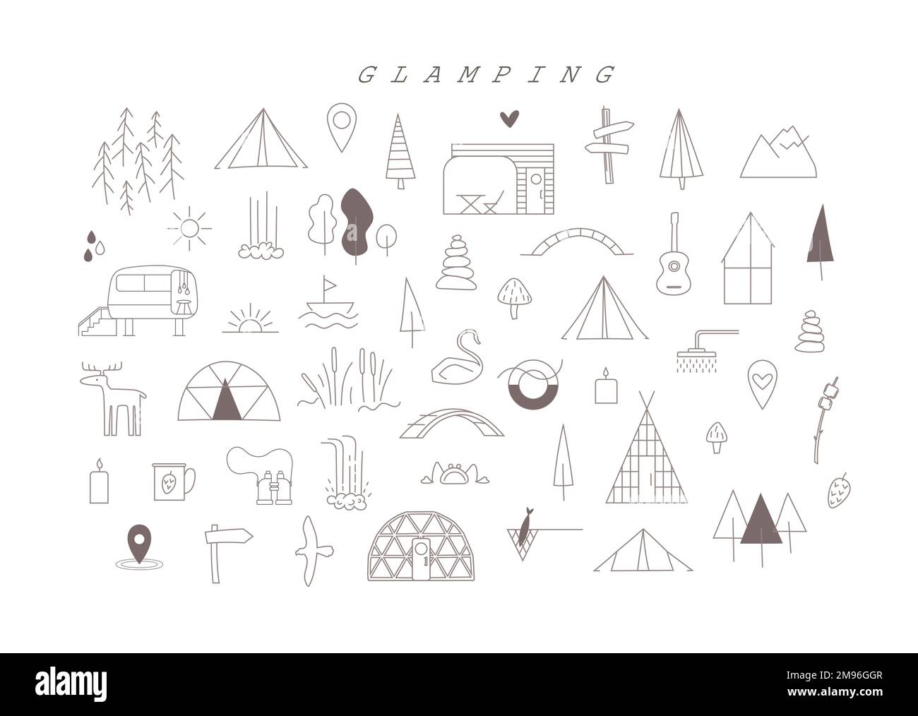 Big easily changed line glamping illustrations set for create template ...