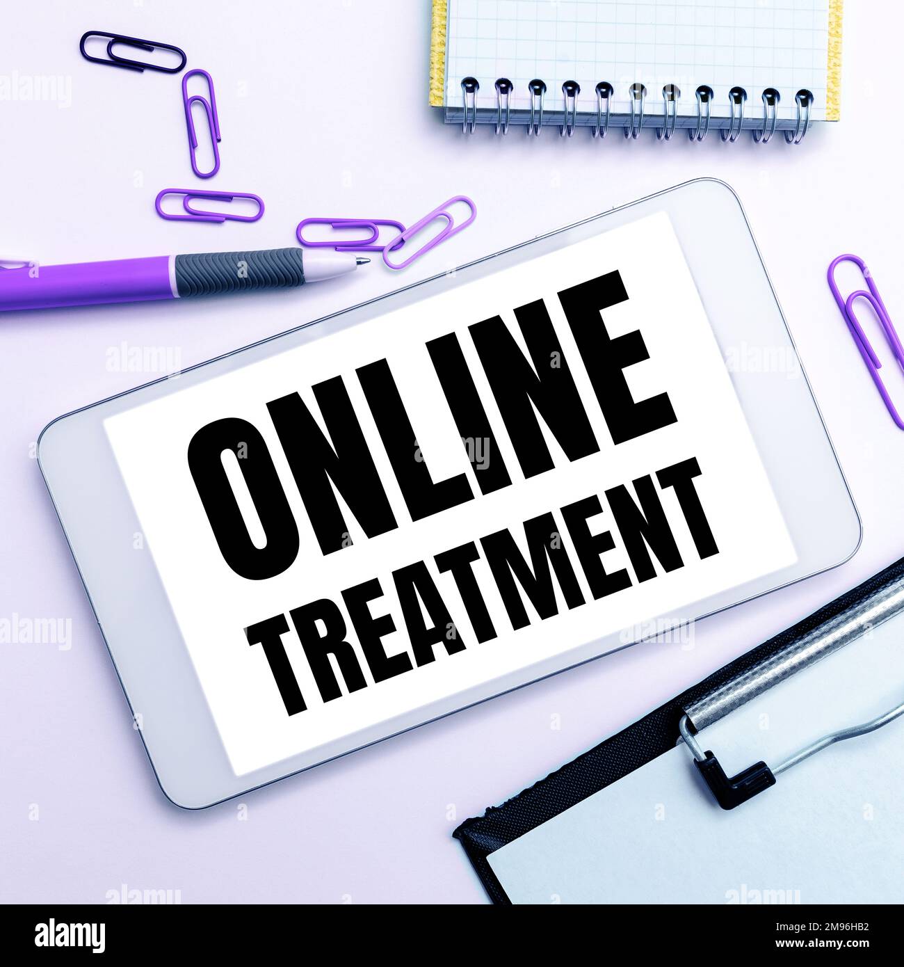 Text caption presenting Online Treatment. Word Written on delivery of ...