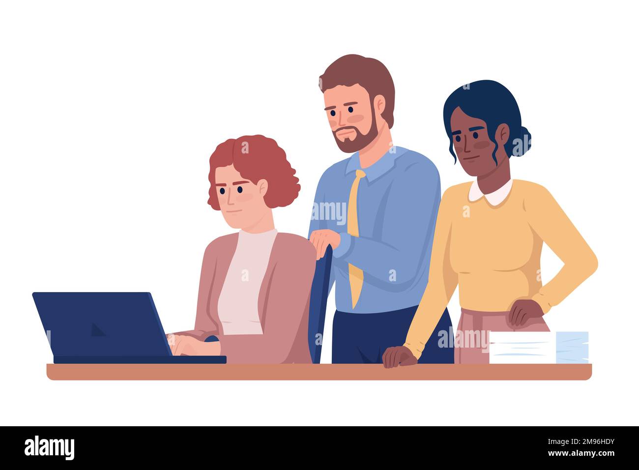 Colleagues working on project together semi flat color vector ...