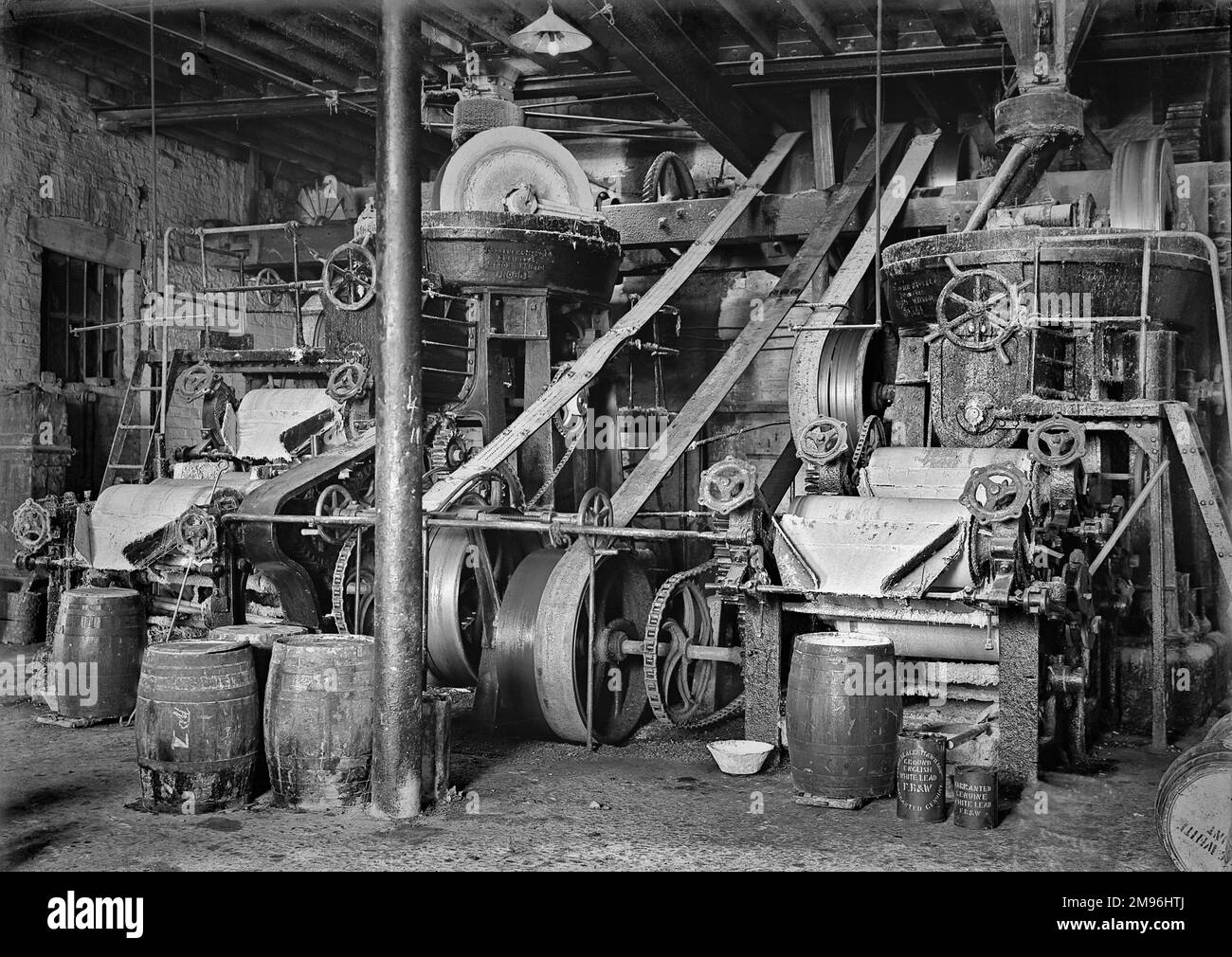 An array of machinery in a factory manufacturing white lead, used to ...