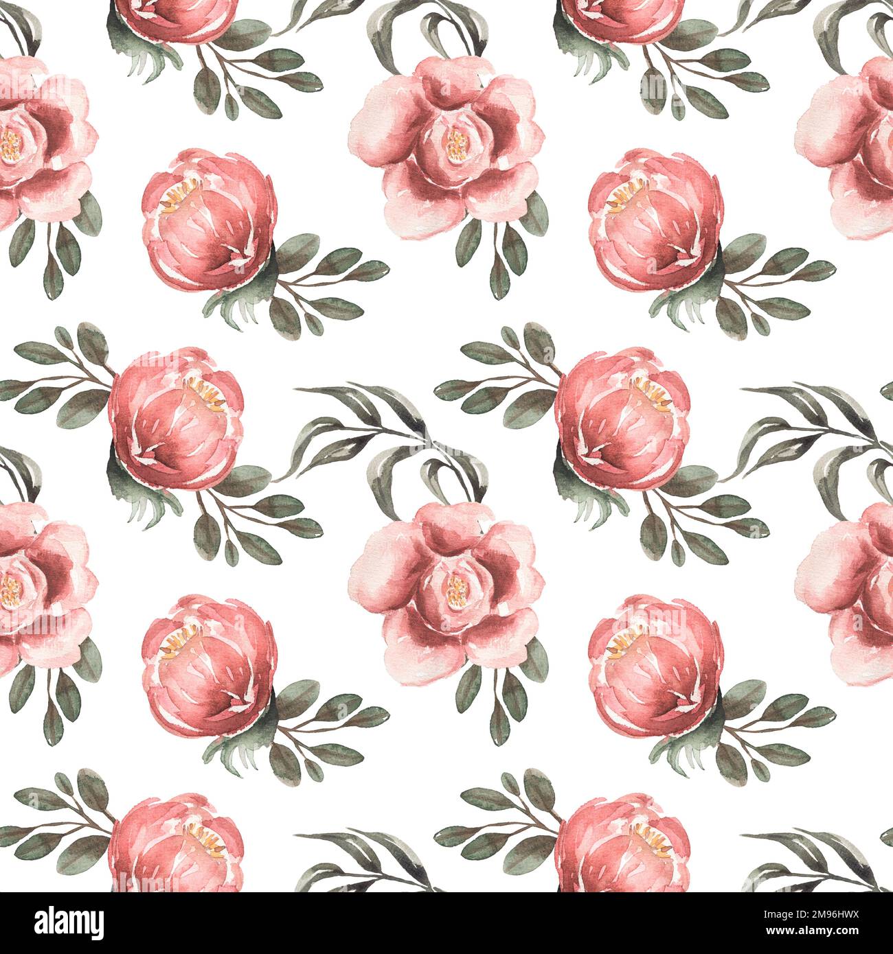 Pink Peony Seamless Pattern, Watercolor Floral paper digital download, nature botanical flower ...