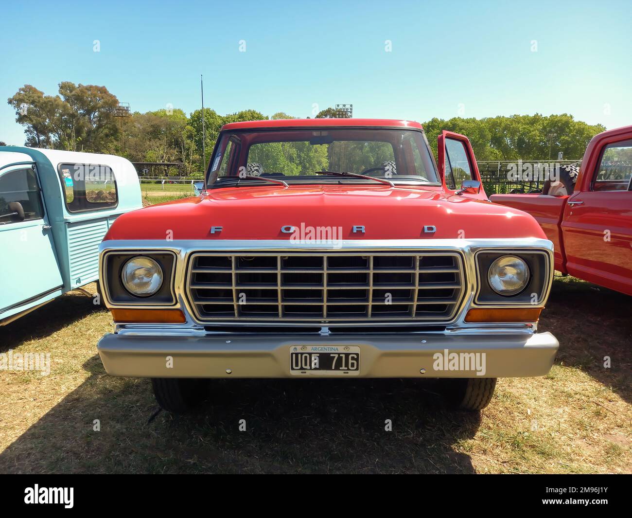Old red 1979 Ford F 100 pickup truck in the countryside. Nature, grass ...