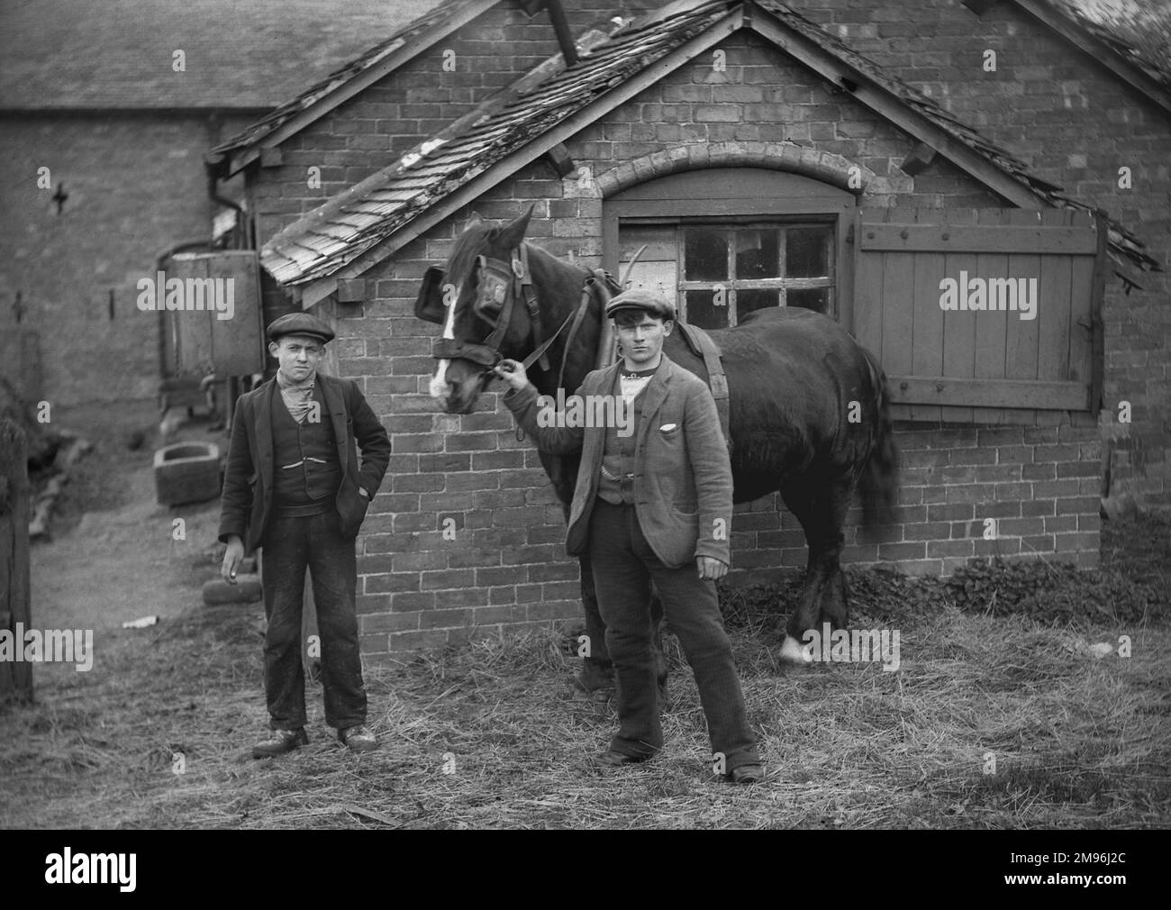 Two young men with a horse outside some farm buildings Stock Photo - Alamy