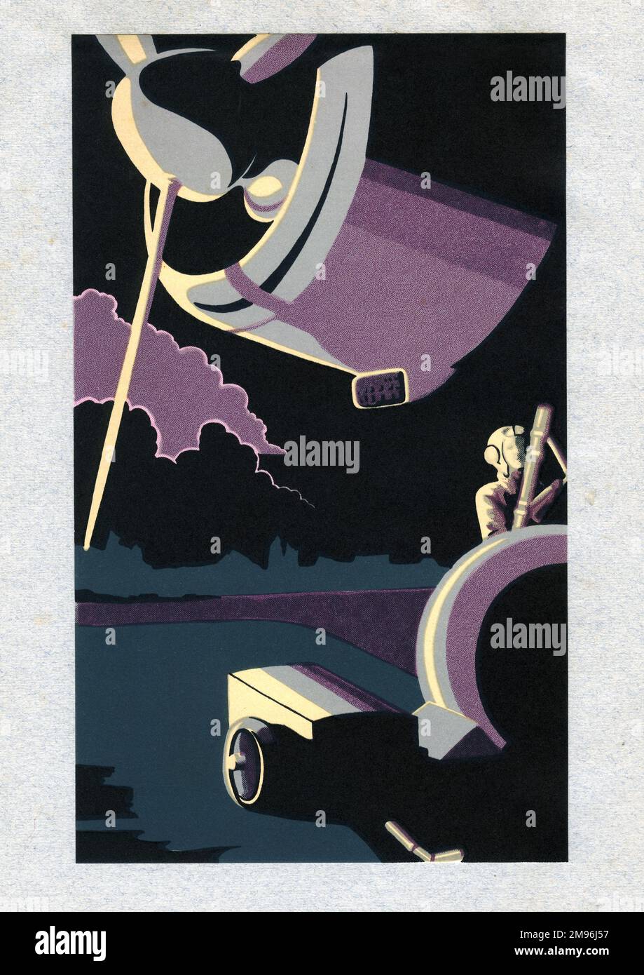 An art deco style design, depicting a pilot with a plane and a car. An ...