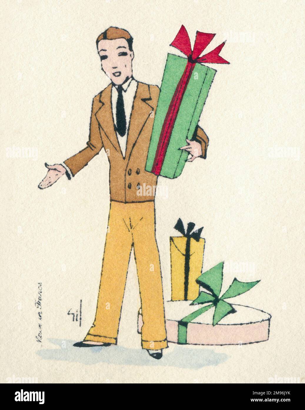 Business card design, depicting a man with three nicely wrapped ...