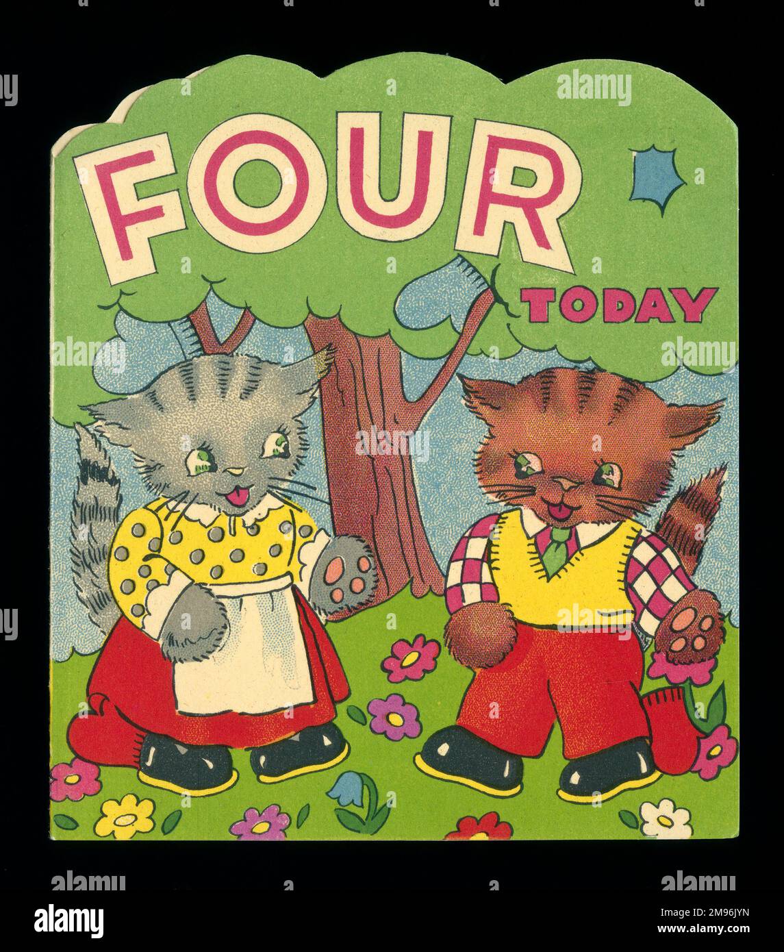 Birthday card, four today, showing two happy humanised kittens in ...