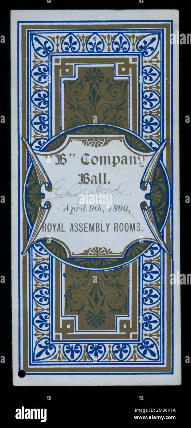 Ticket in white, blue and gold design, to a regimental ball for B ...
