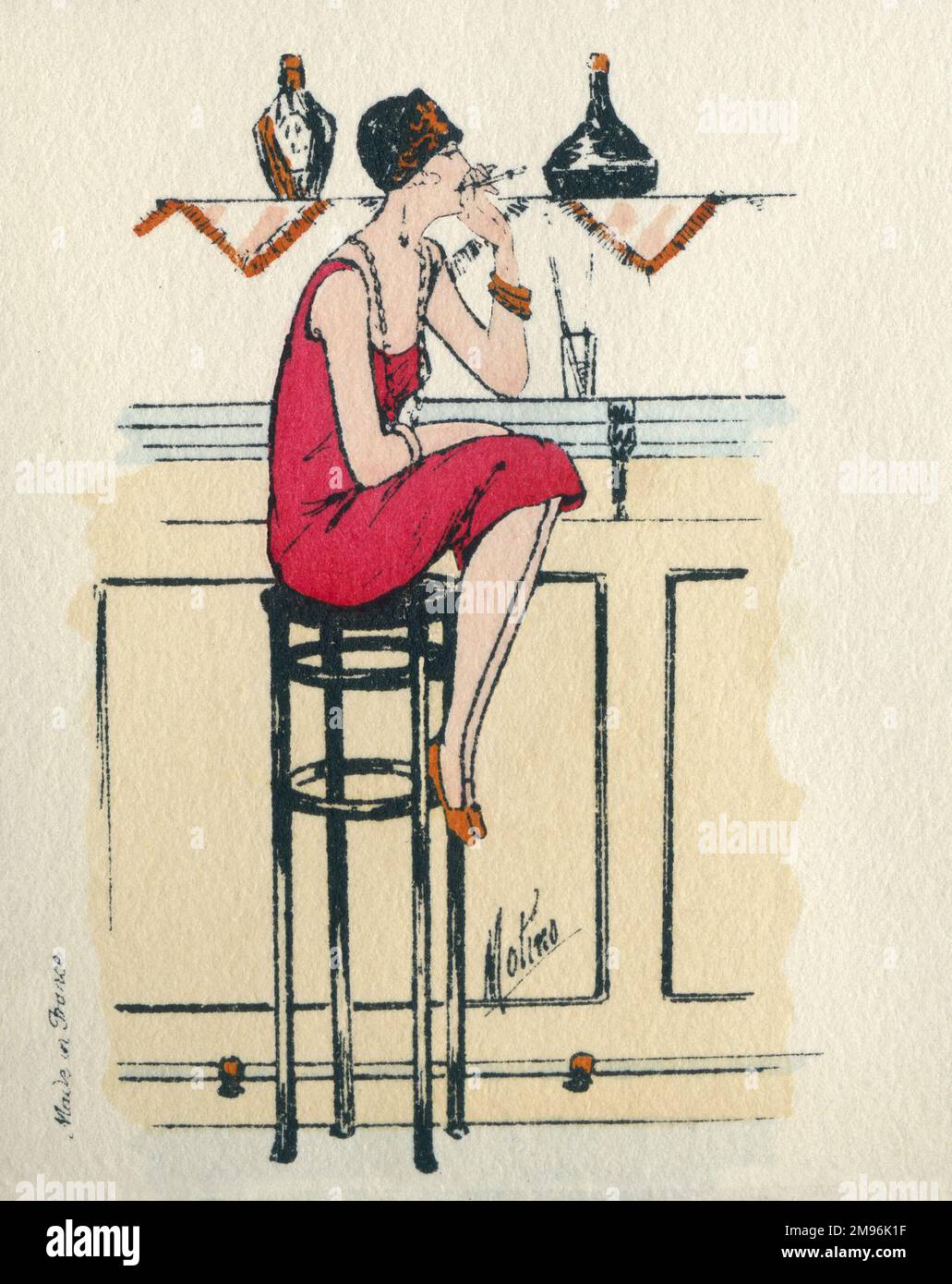 Business card design, depicting a woman in a red dress sitting on a bar ...