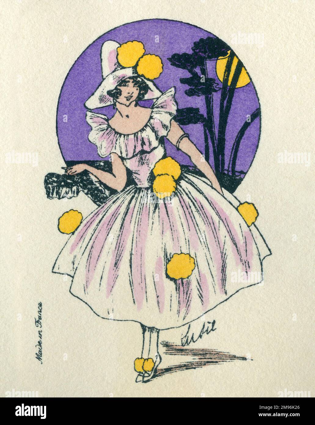 Business card design, depicting a Pierrette in a white dress with ...