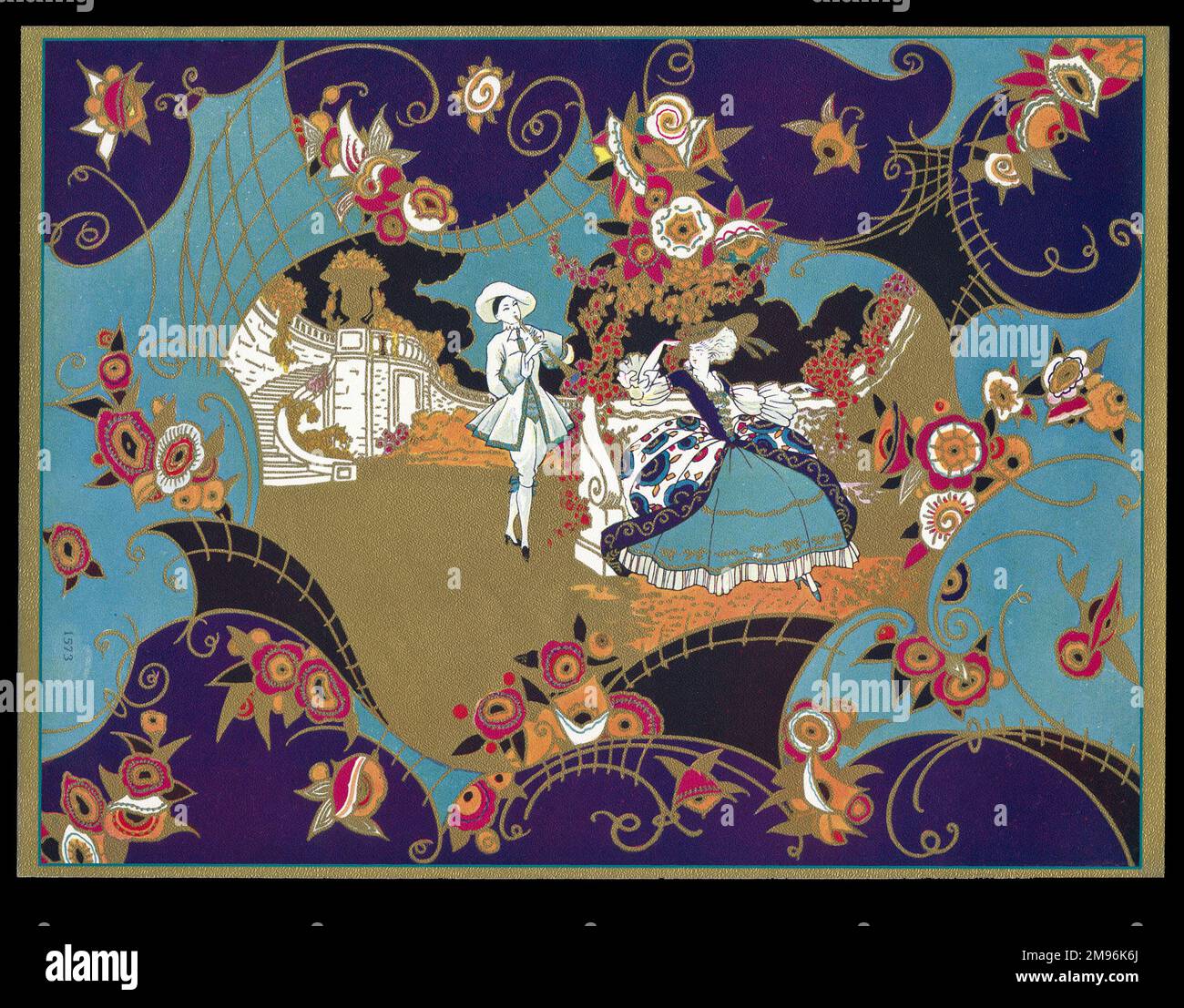 Chocolate box design, featuring an 18th century couple in a garden, the ...