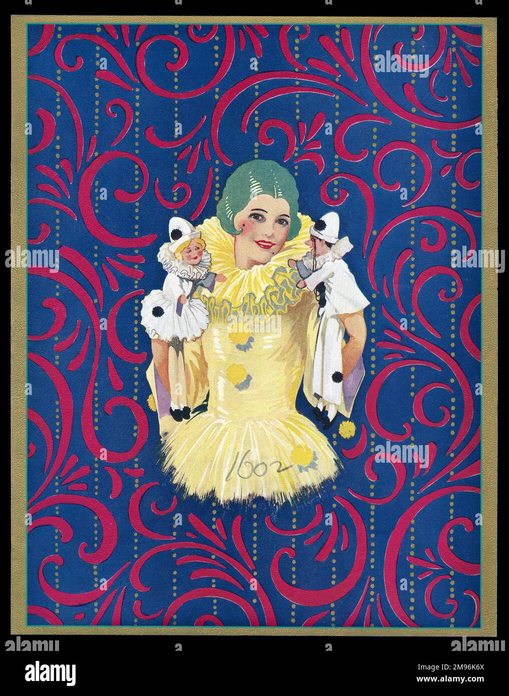 Chocolate box design, featuring a woman in a yellow Pierrot costume holding two Pierrot dolls ...