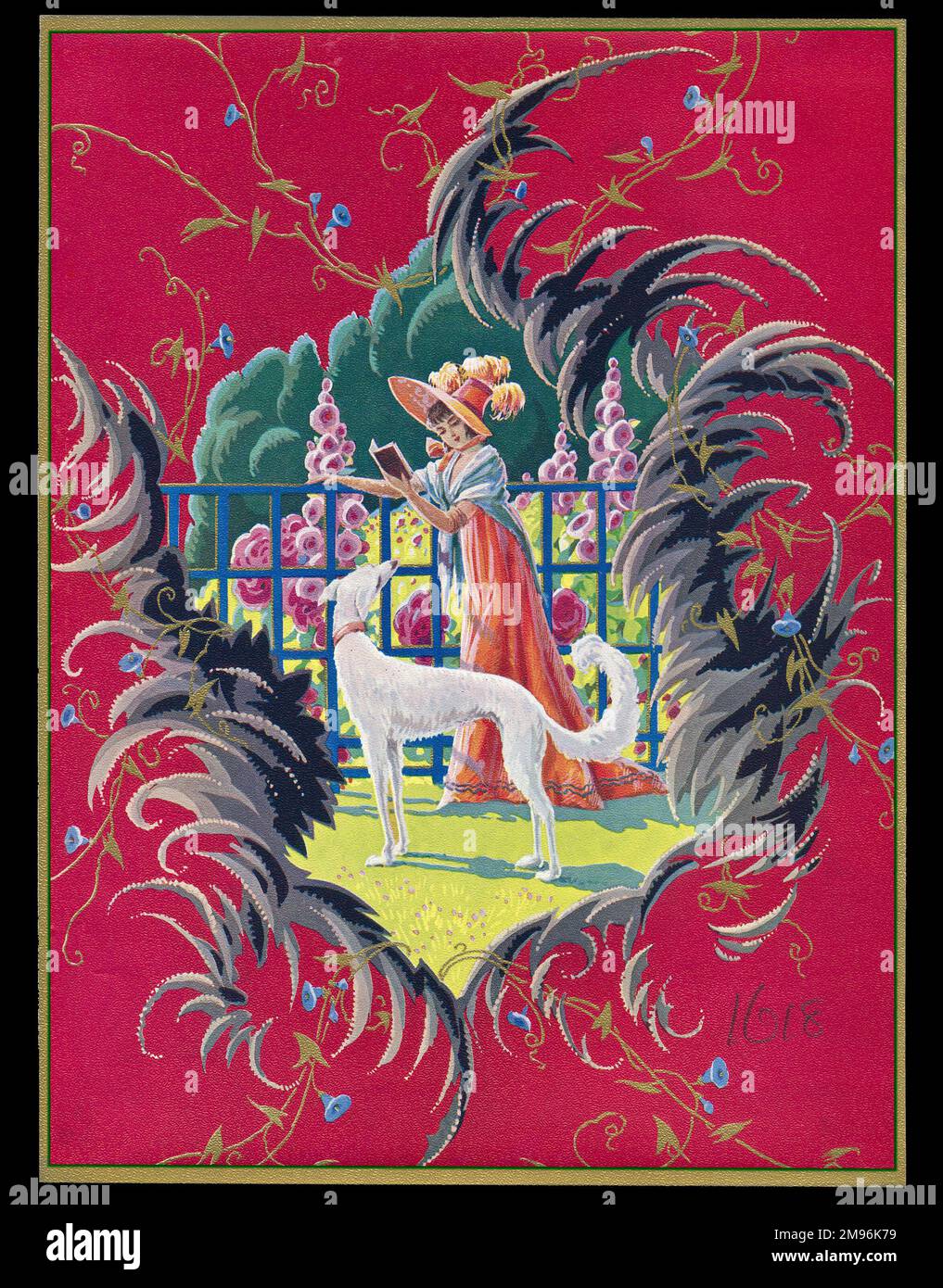 Chocolate box design, showing an early 19th century scene of a lady in ...