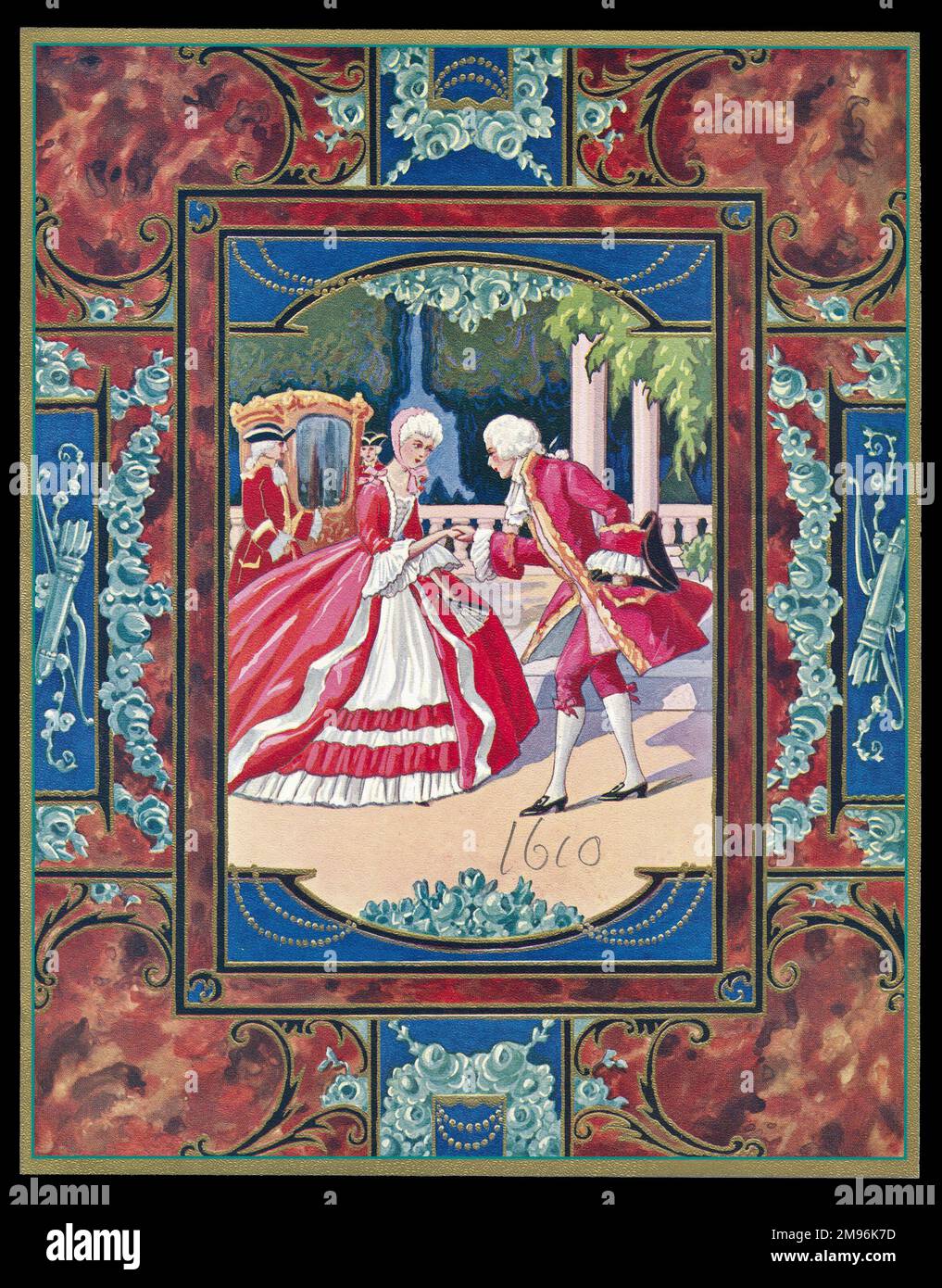 Chocolate box design, showing an 18th century scene of a couple ...