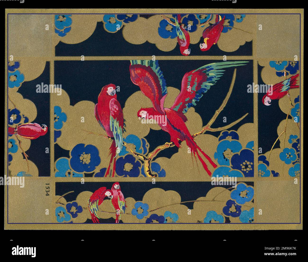 Chocolate box design, featuring red parrots on branches Stock Photo - Alamy