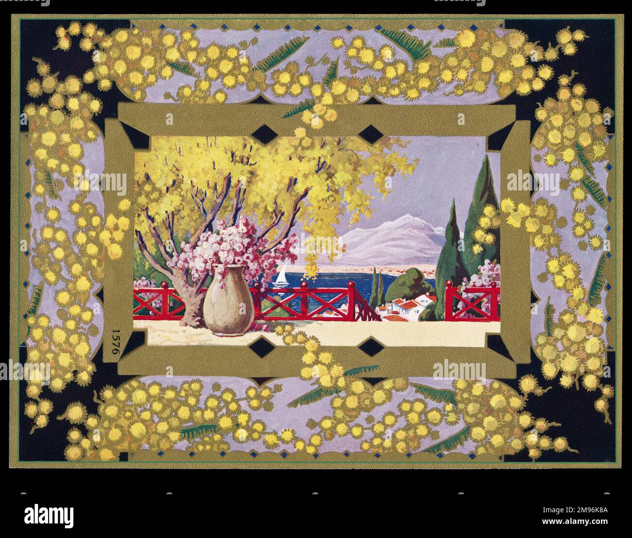 Chocolate box design, featuring a landscape with a village and ...