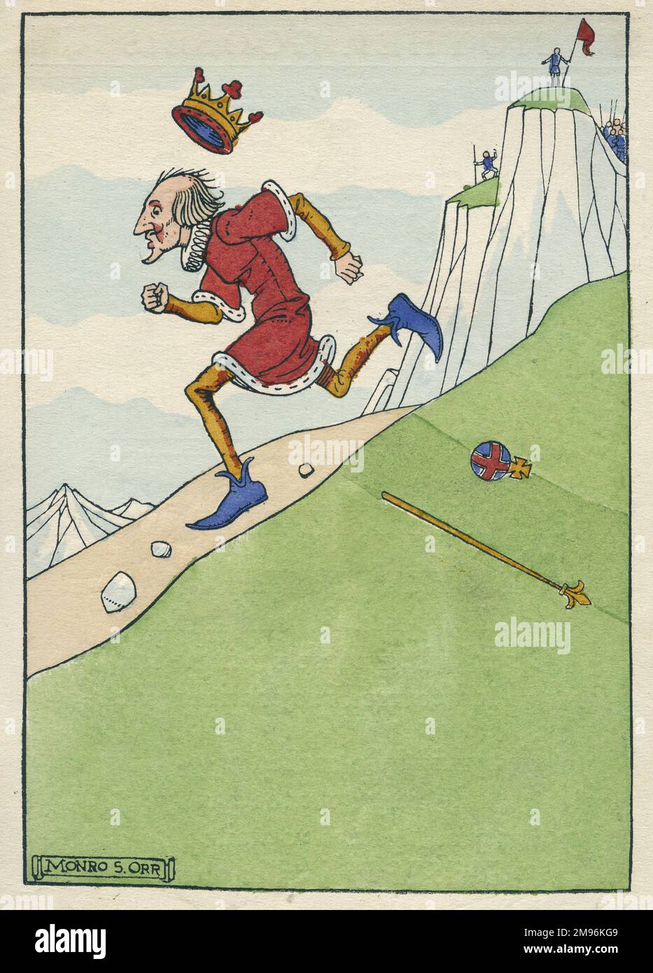 Mother Goose illustration -- a king running down a hill, losing his ...