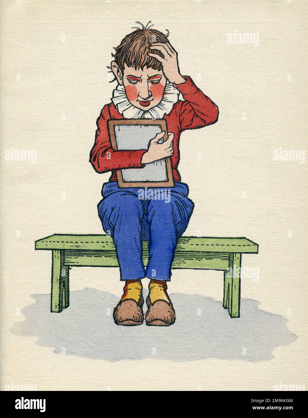 Mother Goose illustration -- a schoolboy sits on a bench with his slate ...