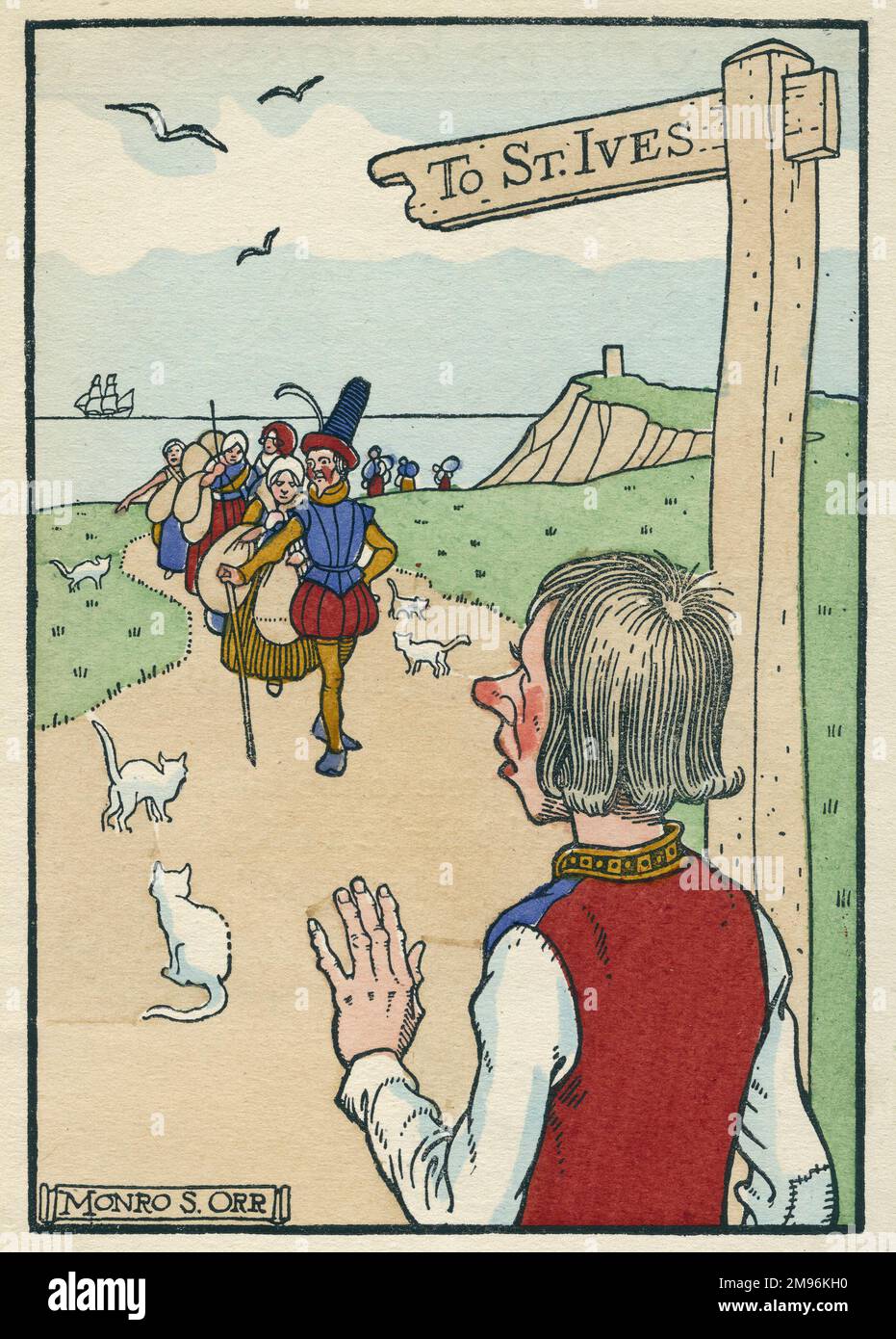 Mother Goose illustration -- As I was going to St Ives, I met a man ...