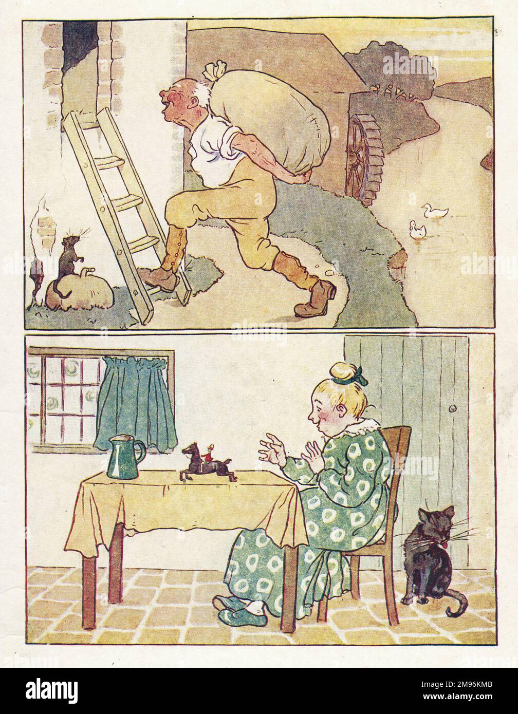 Nursery Rhymes. Above, the Jolly Miller, carrying a sack. Below, a ...