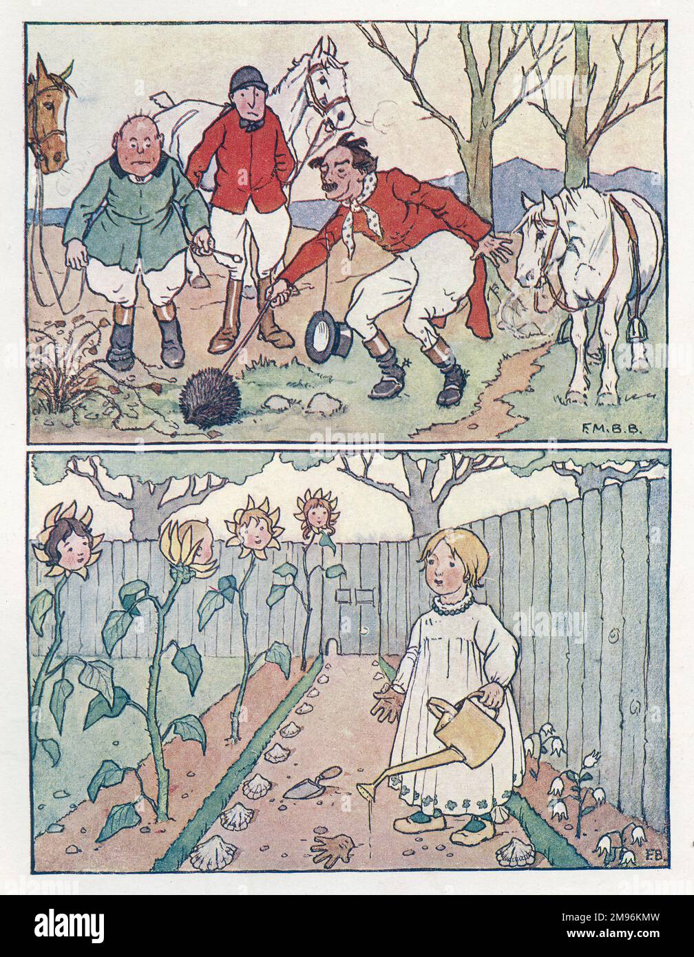 Nursery Rhymes -- two illustrations. Three foxhunters find a hedgehog ...