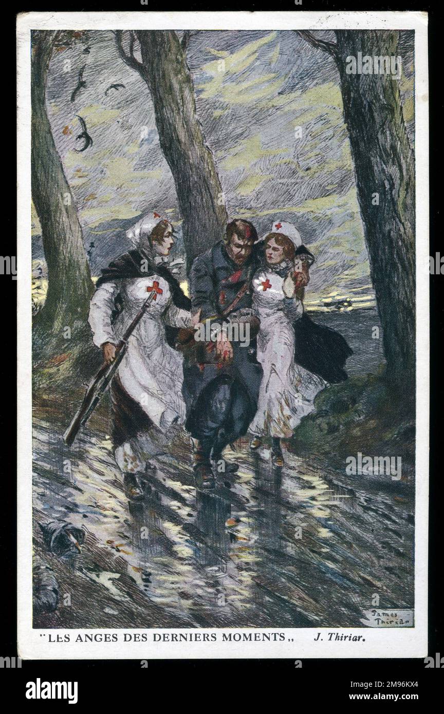 Two nurses supporting a wounded man during the First World War Stock ...