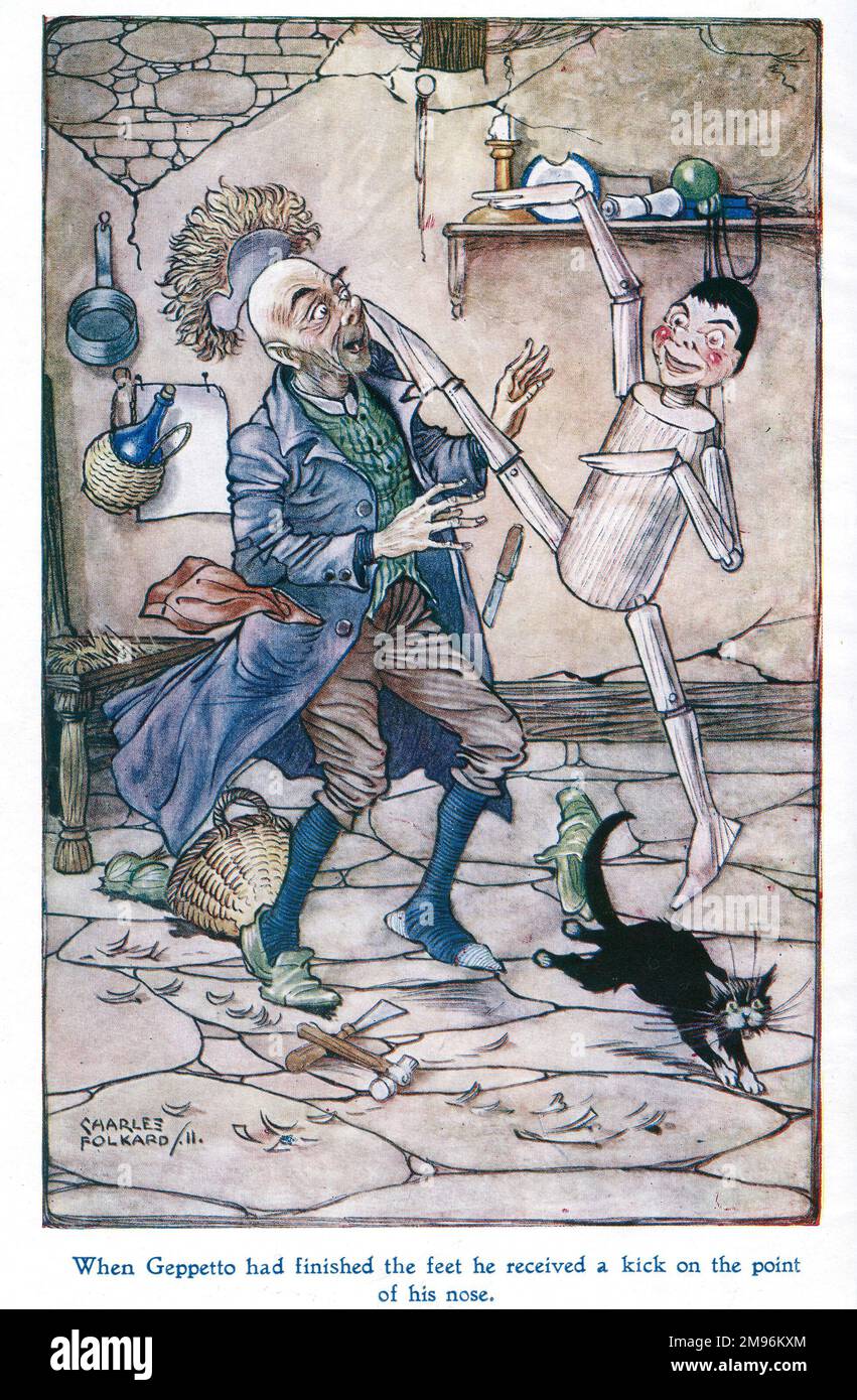Pinocchio -- When Geppetto had finished the feet he received a kick on ...