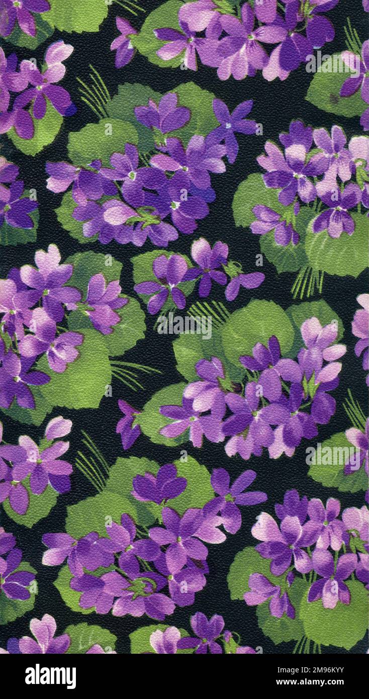 Wrapping Paper Sample Design -- violets with green leaves on a black ...