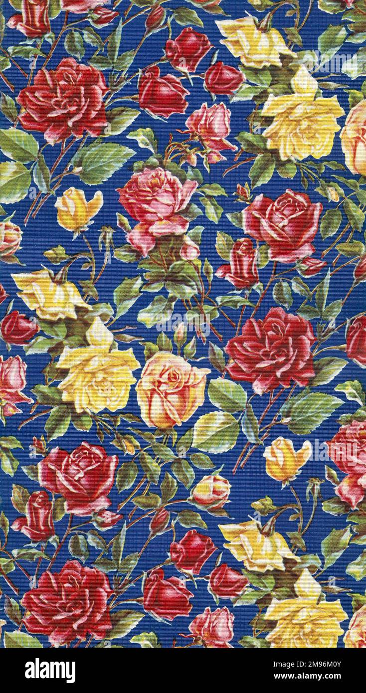 Wrapping Paper Sample Design -- red, pink and yellow roses on a blue ...