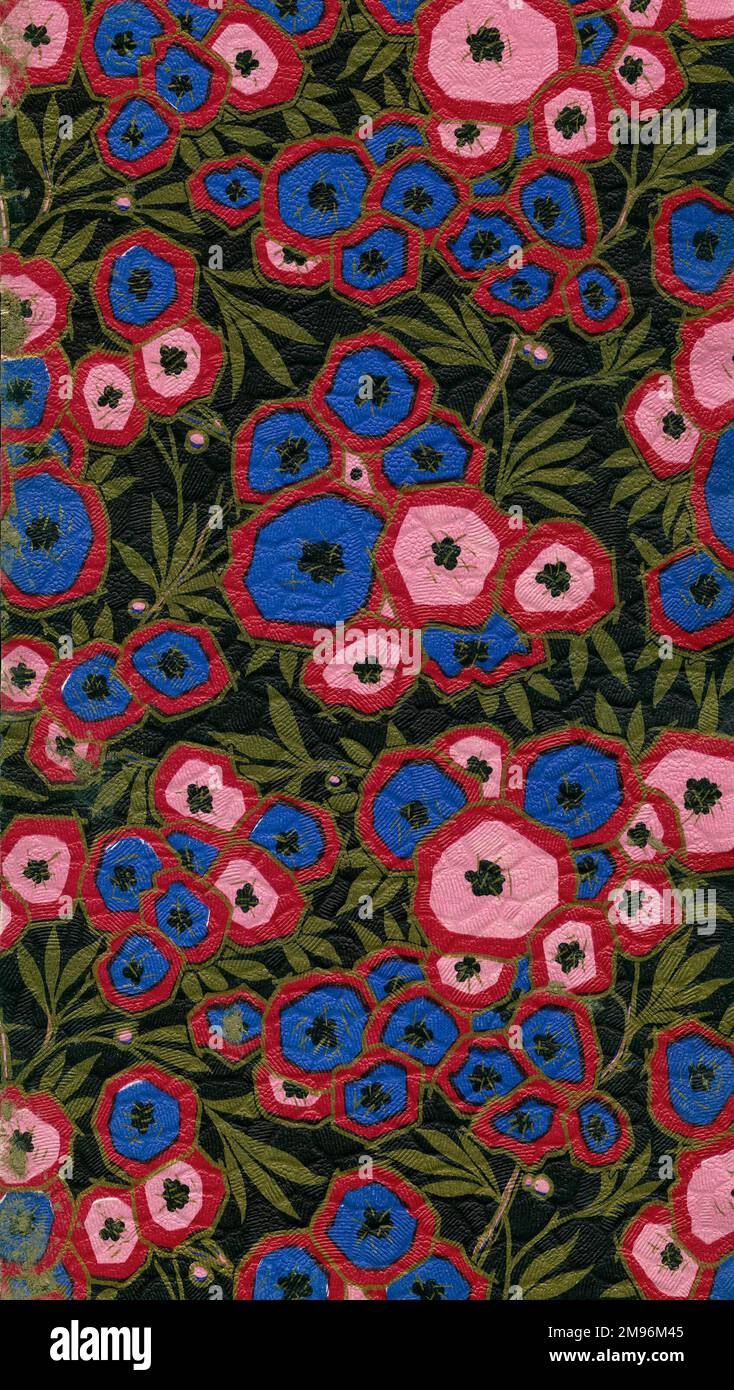 Wrapping Paper Sample Design -- pink and blue flowers with gold leaves ...