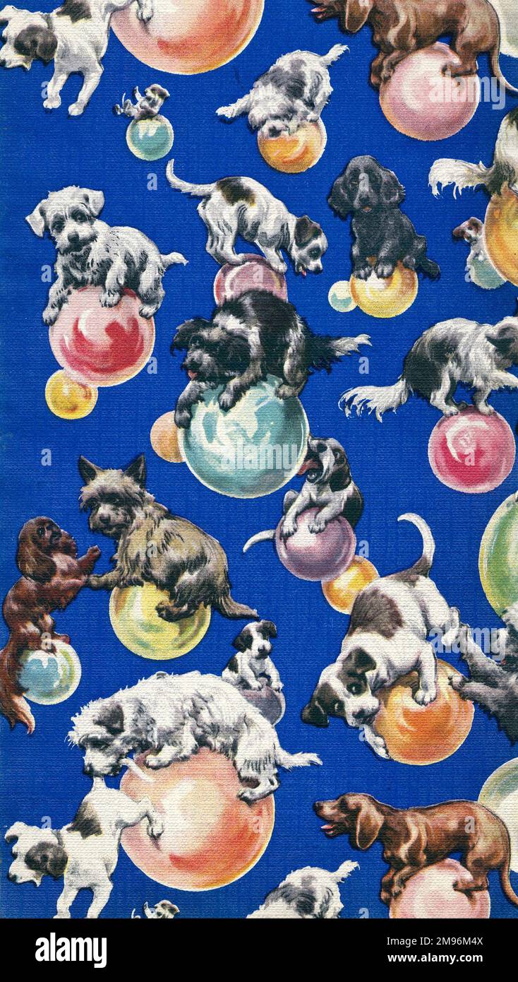 Wrapping Paper Sample Design -- dogs and balls on a blue background ...