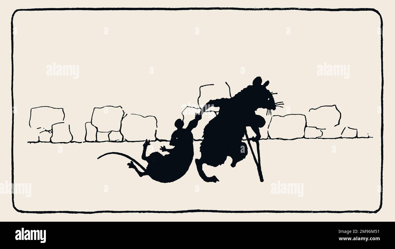 Tickety Tock Silhouette Illustration -- a rat on a crutch, pulling a ...